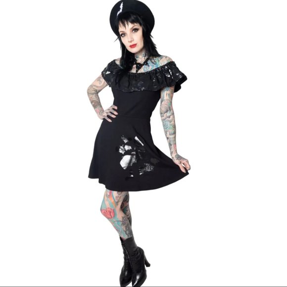 Dresses | Fit Flare Black Goth Mini Glossy Bats Dress Ruffle Shoulder ...